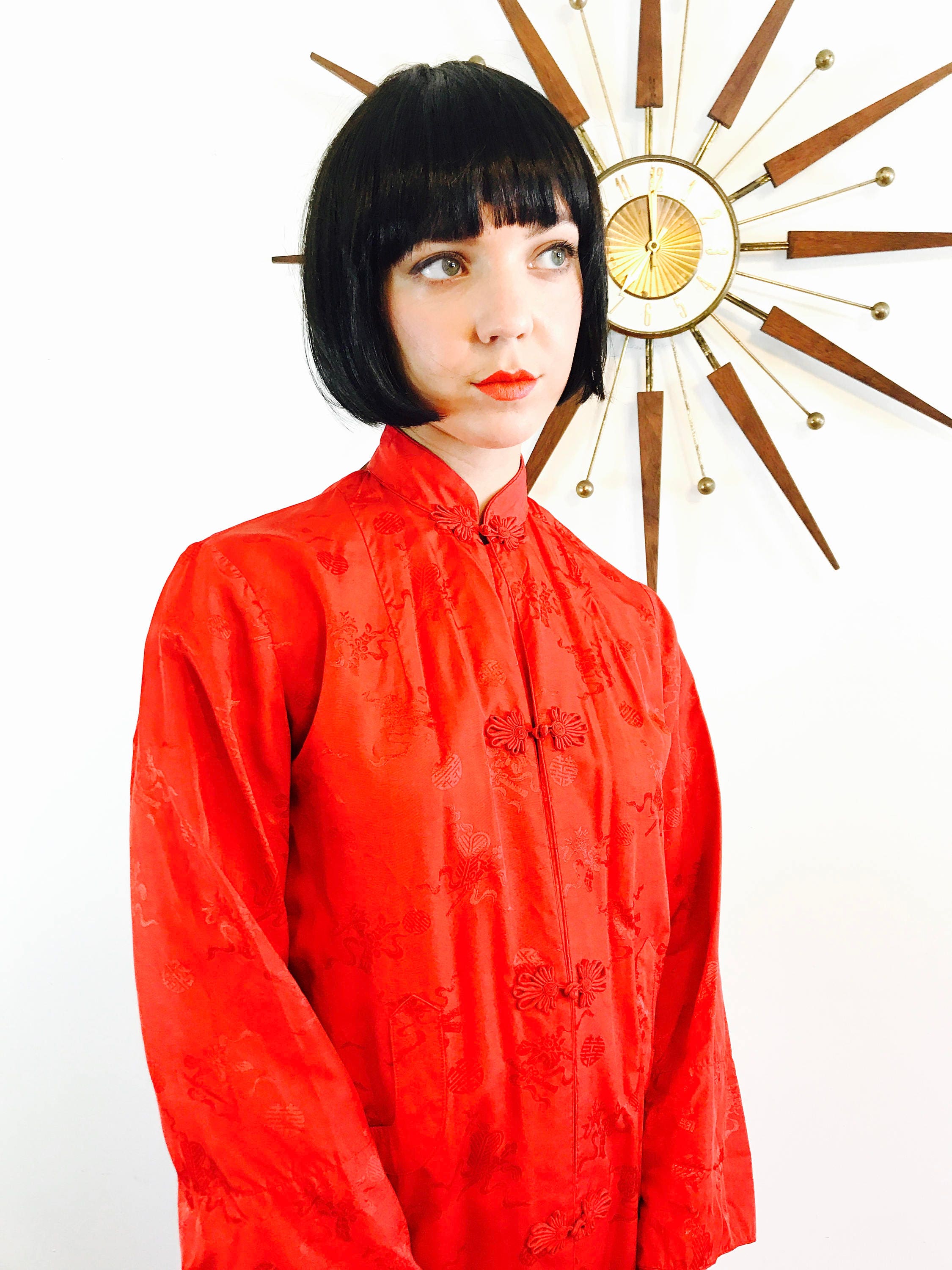 Red Chinese Robe, Vintage 20 robe, Cheongsam jacket, Long Chinese Robe ...