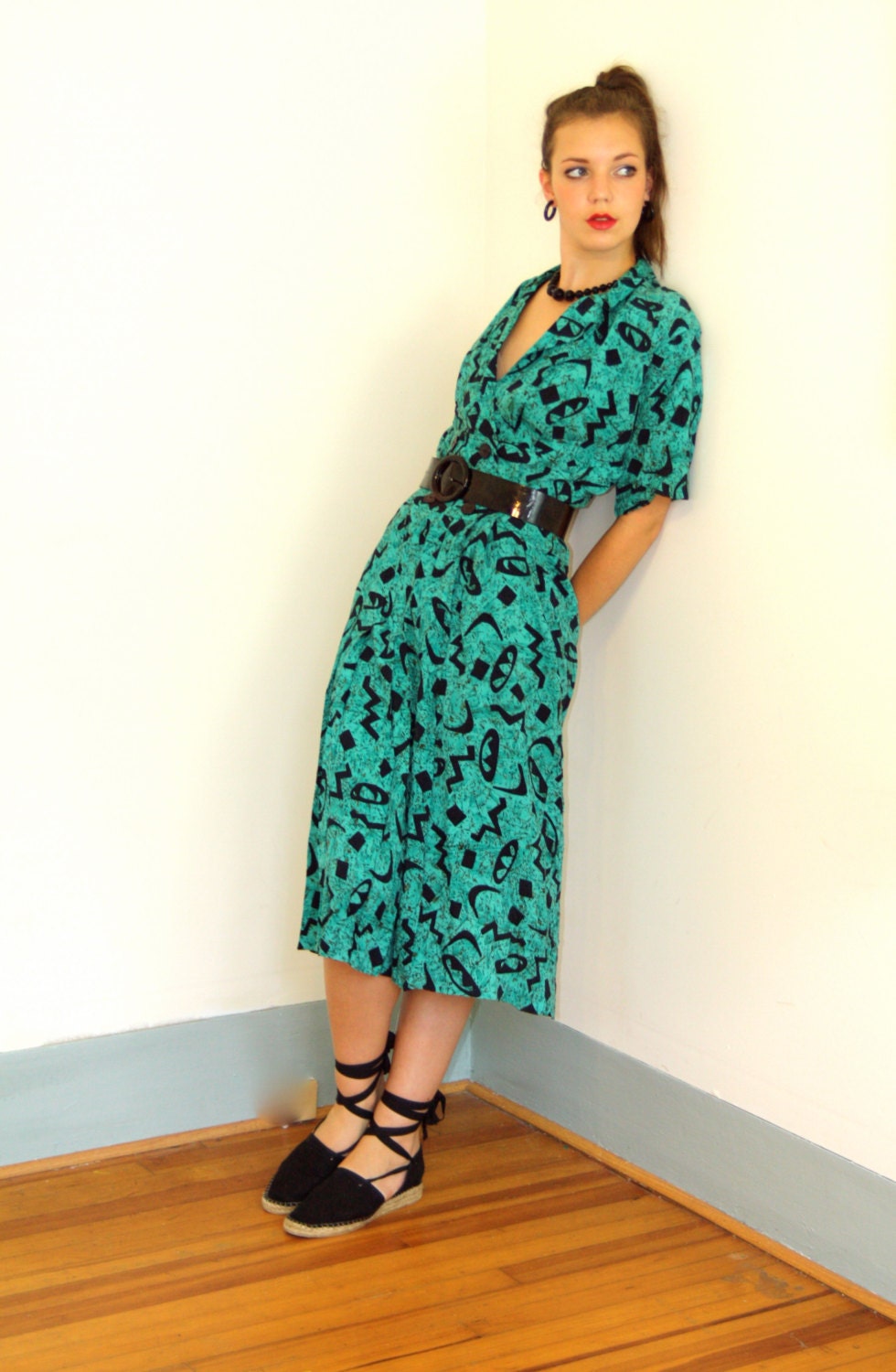 Vintage 80s Dress MILANZO Geometric Turquoise Green Black Atomic ...