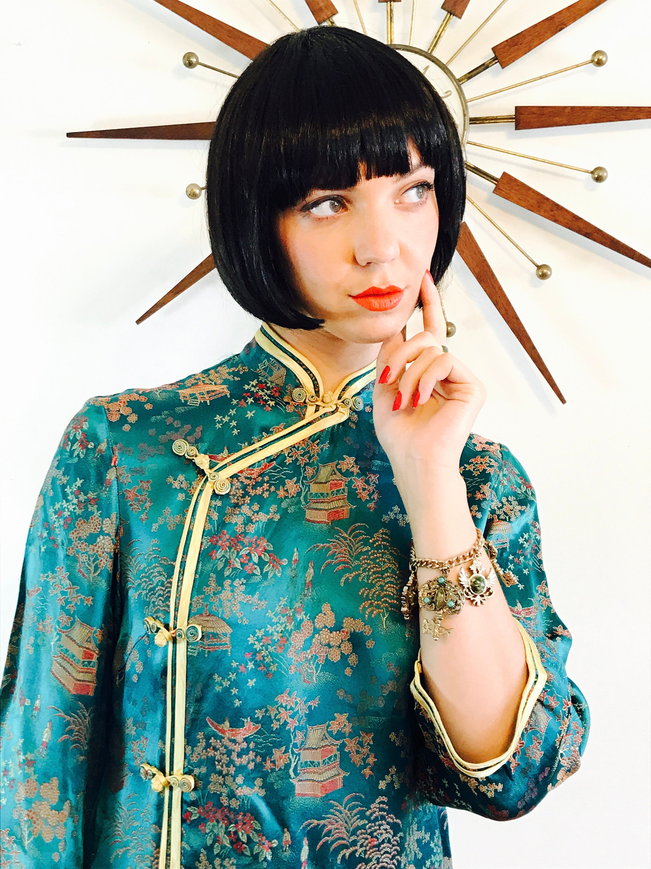 60s Chinese jacket Teal Satin jacket Vintage Peony Shanghai 1960s ...