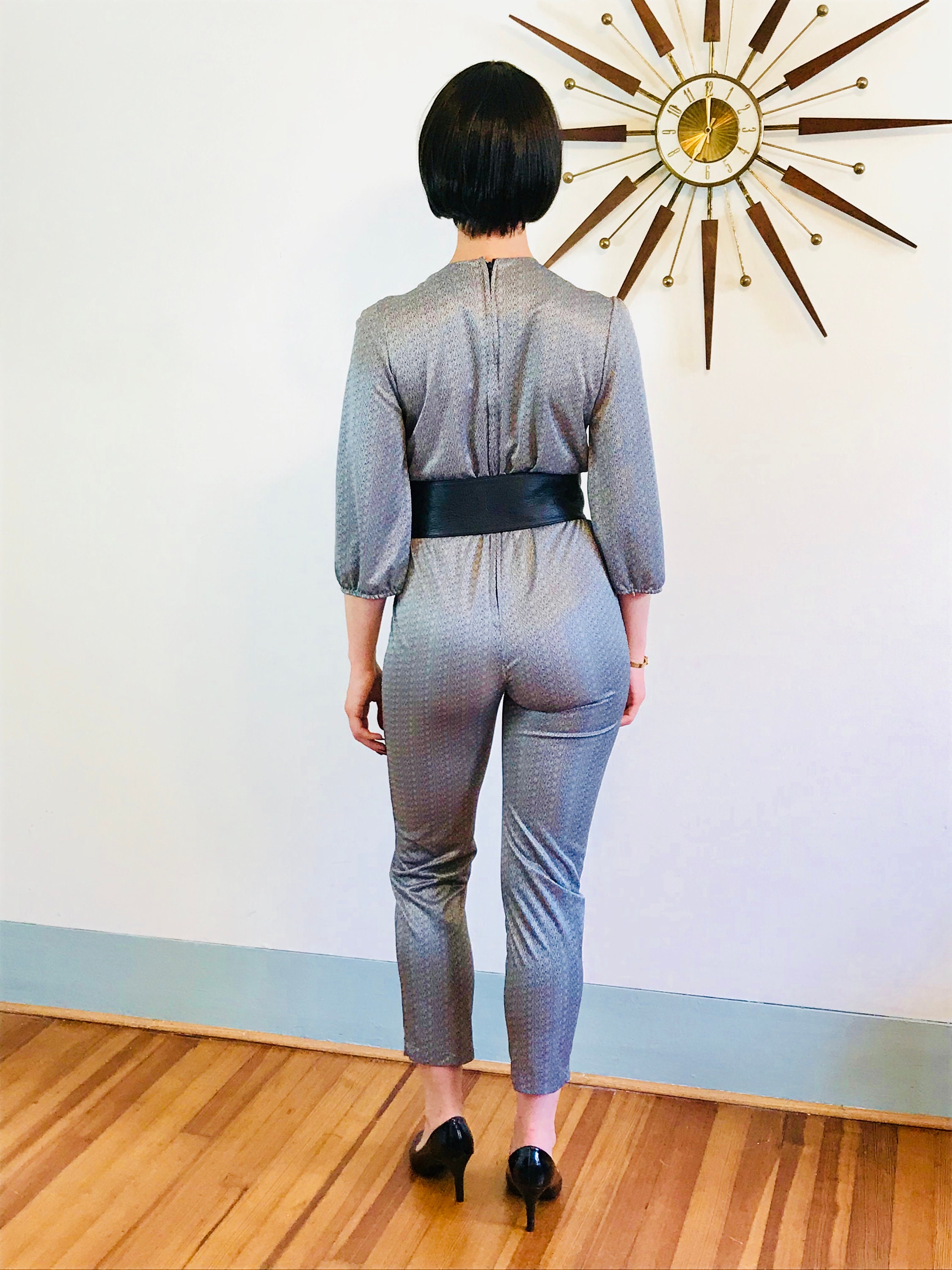 RESERVED- Metallic silver romper, 70s disco onepiece, Studio 54 fashion ...