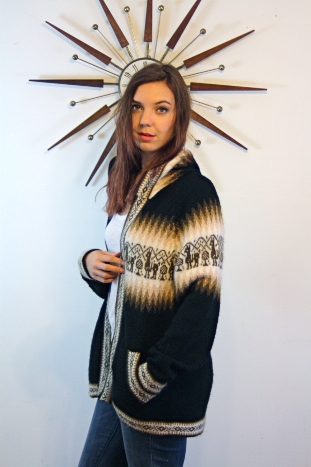 Vintage 70s Ethnic Alpaca Fina Wool Sweater Hoodie Hand Knit in Peru ...