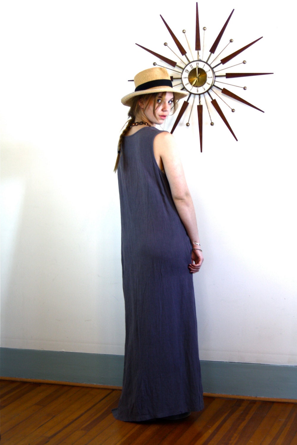 Vintage 90s Linen Sack Dress Simple Straight Sheath Gray Purple Boxy ...