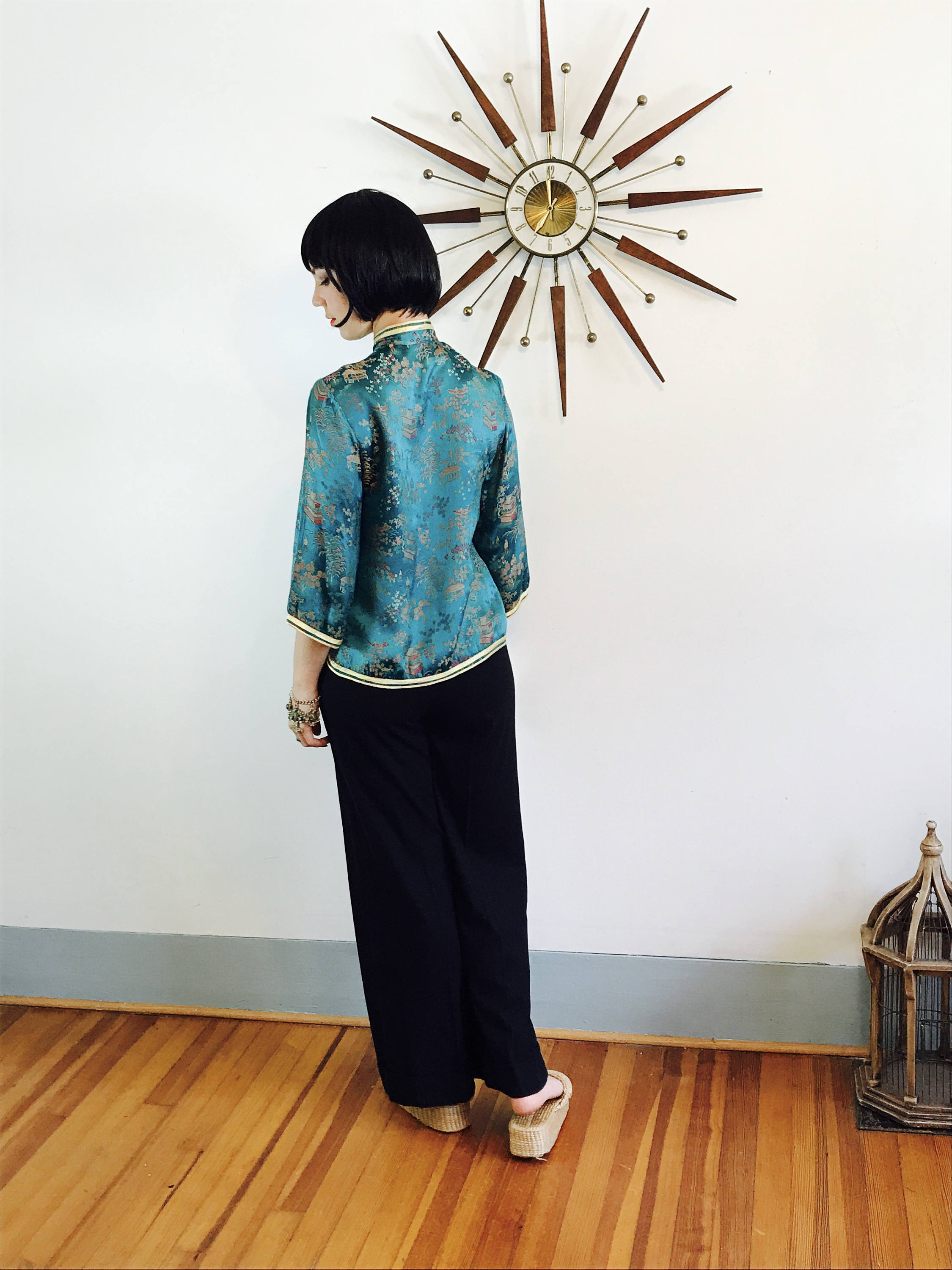 60s Chinese jacket Teal Satin jacket Vintage Peony Shanghai 1960s ...