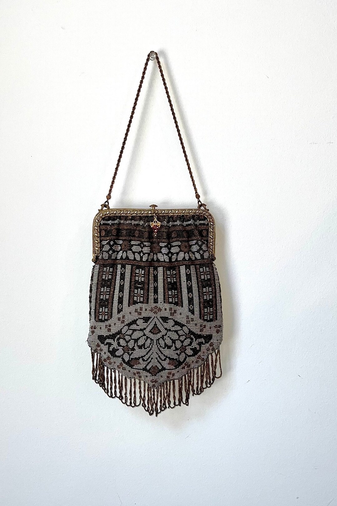 Antique 1920s Steel Bead Purse, Large Silver Black & Brass Purse W ...