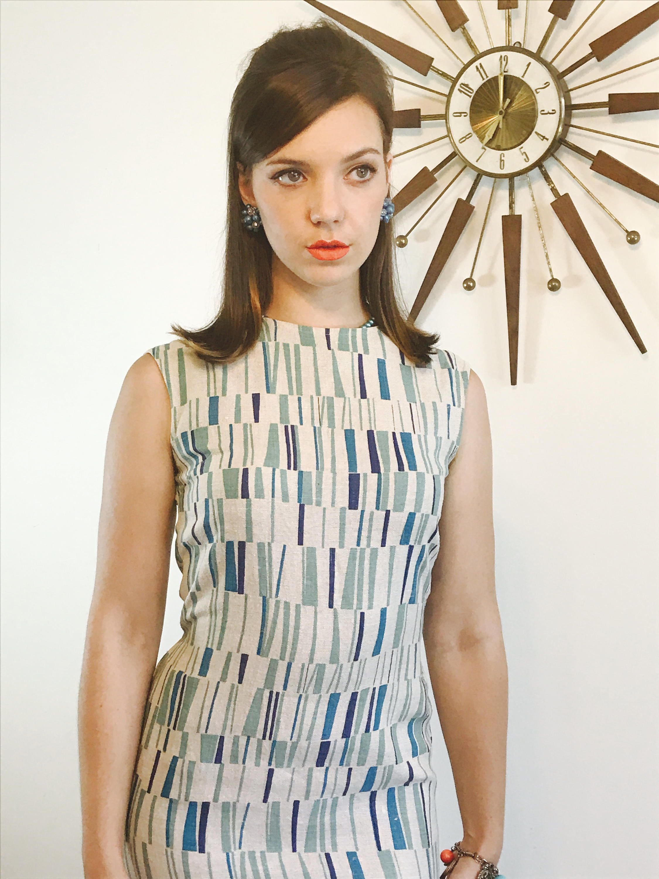 Vintage 60s Dress, Cotton Shift Dress, Blue Barkcloth dress, Geometric ...