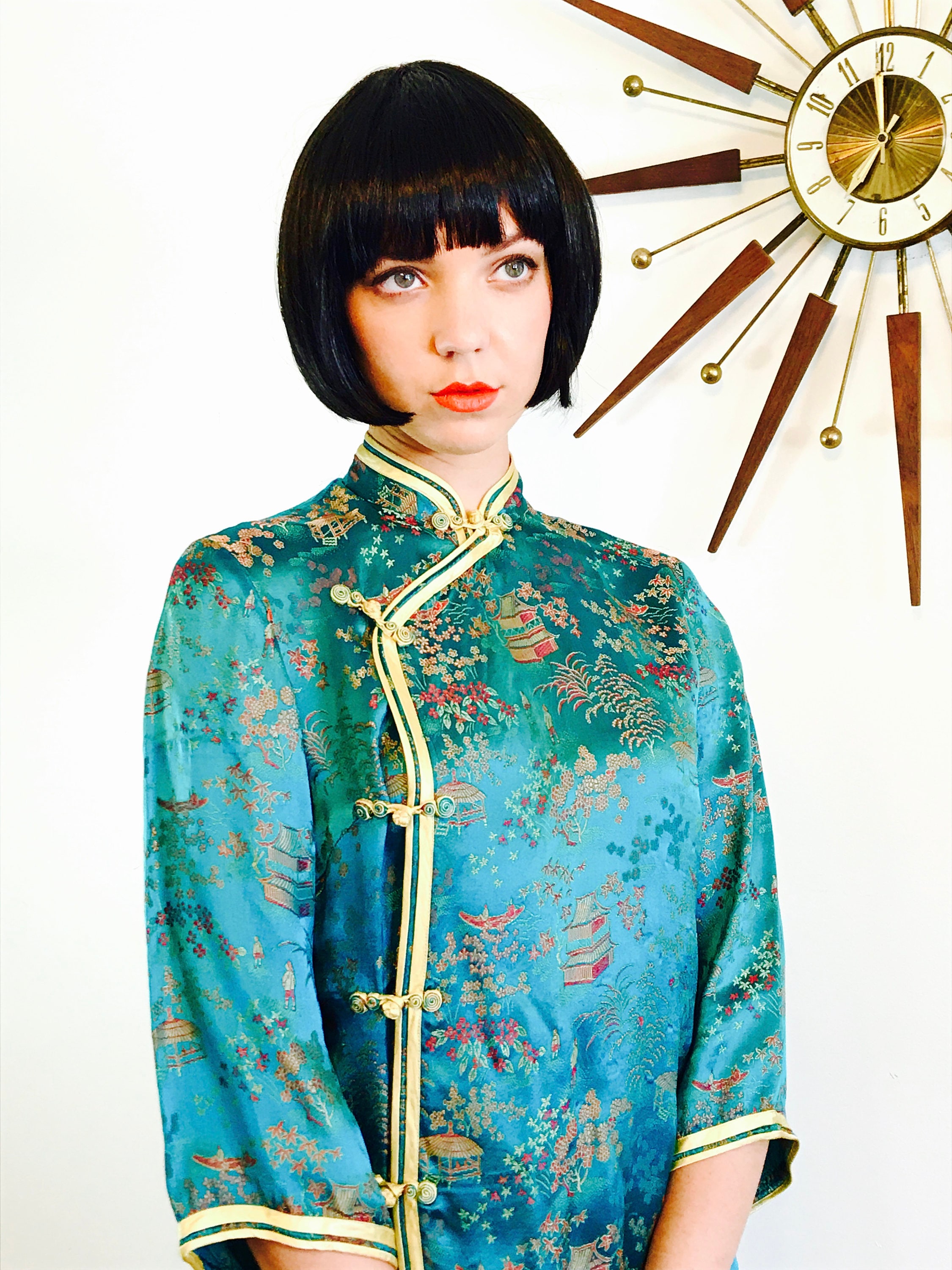 60s Chinese jacket Teal Satin jacket Vintage Peony Shanghai 1960s ...