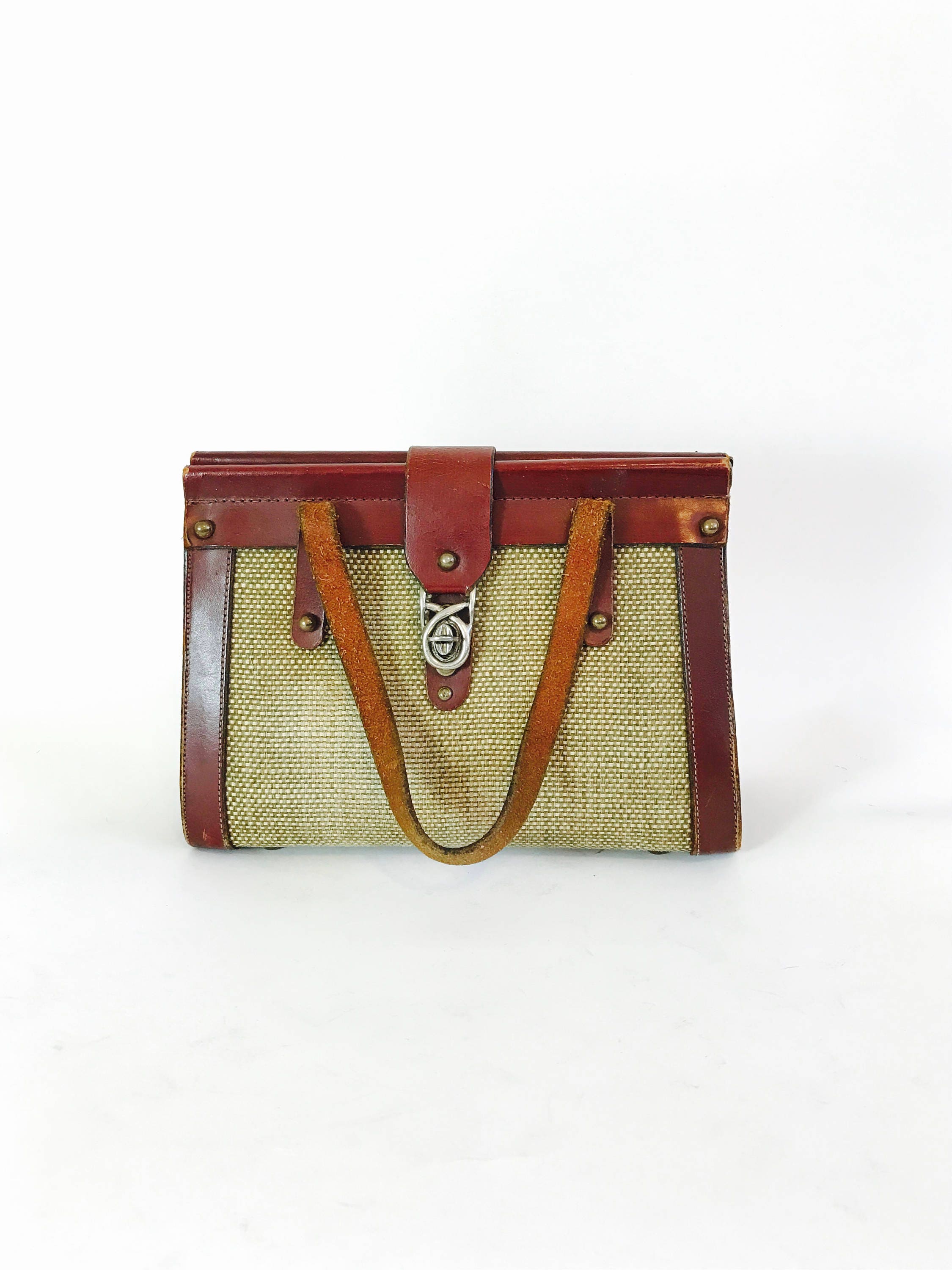 Vintage 60s handbag, 1960s kelly bag, Tweed & Leather purse, retro ...