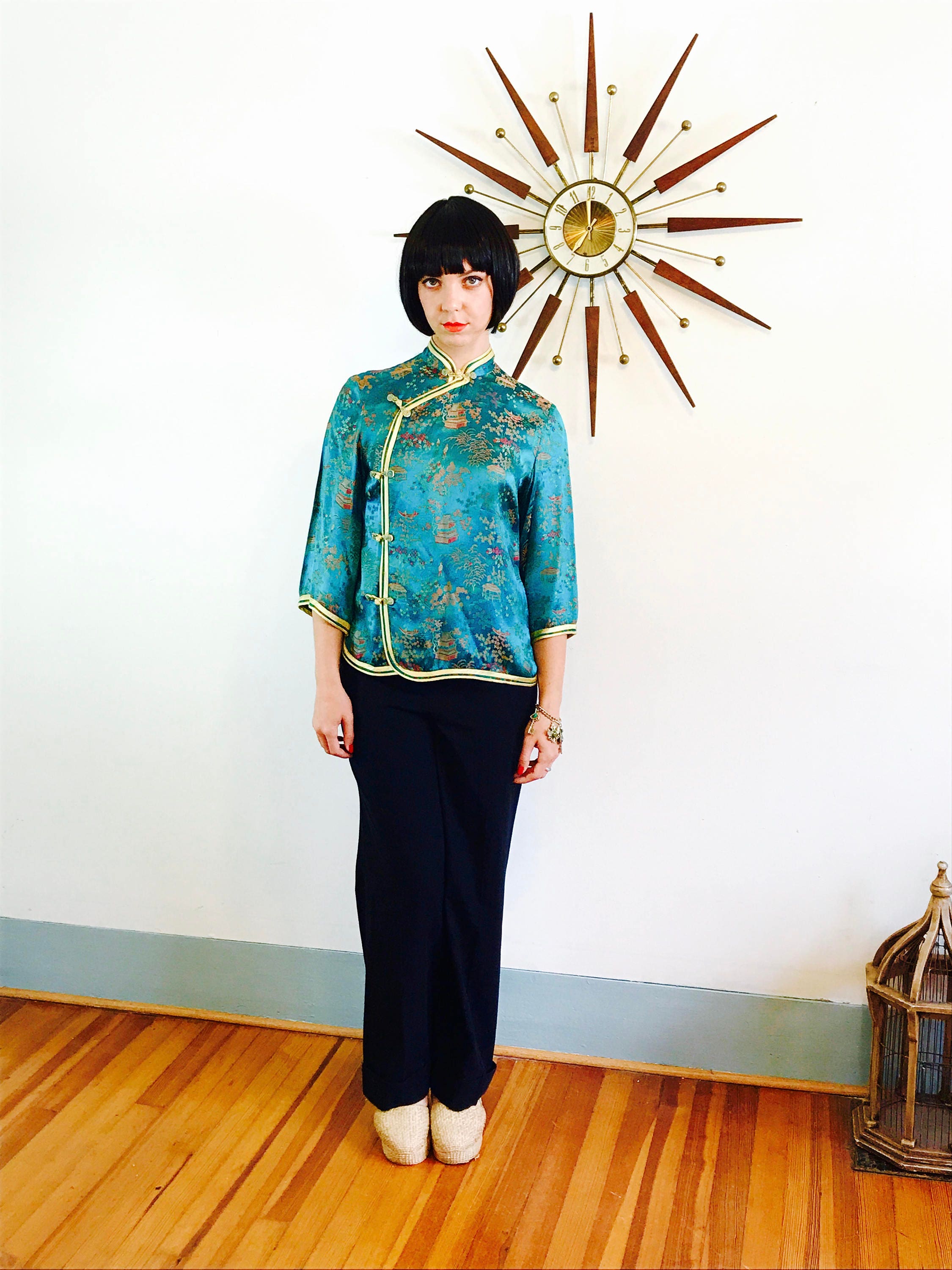 60s Chinese jacket Teal Satin jacket Vintage Peony Shanghai 1960s ...
