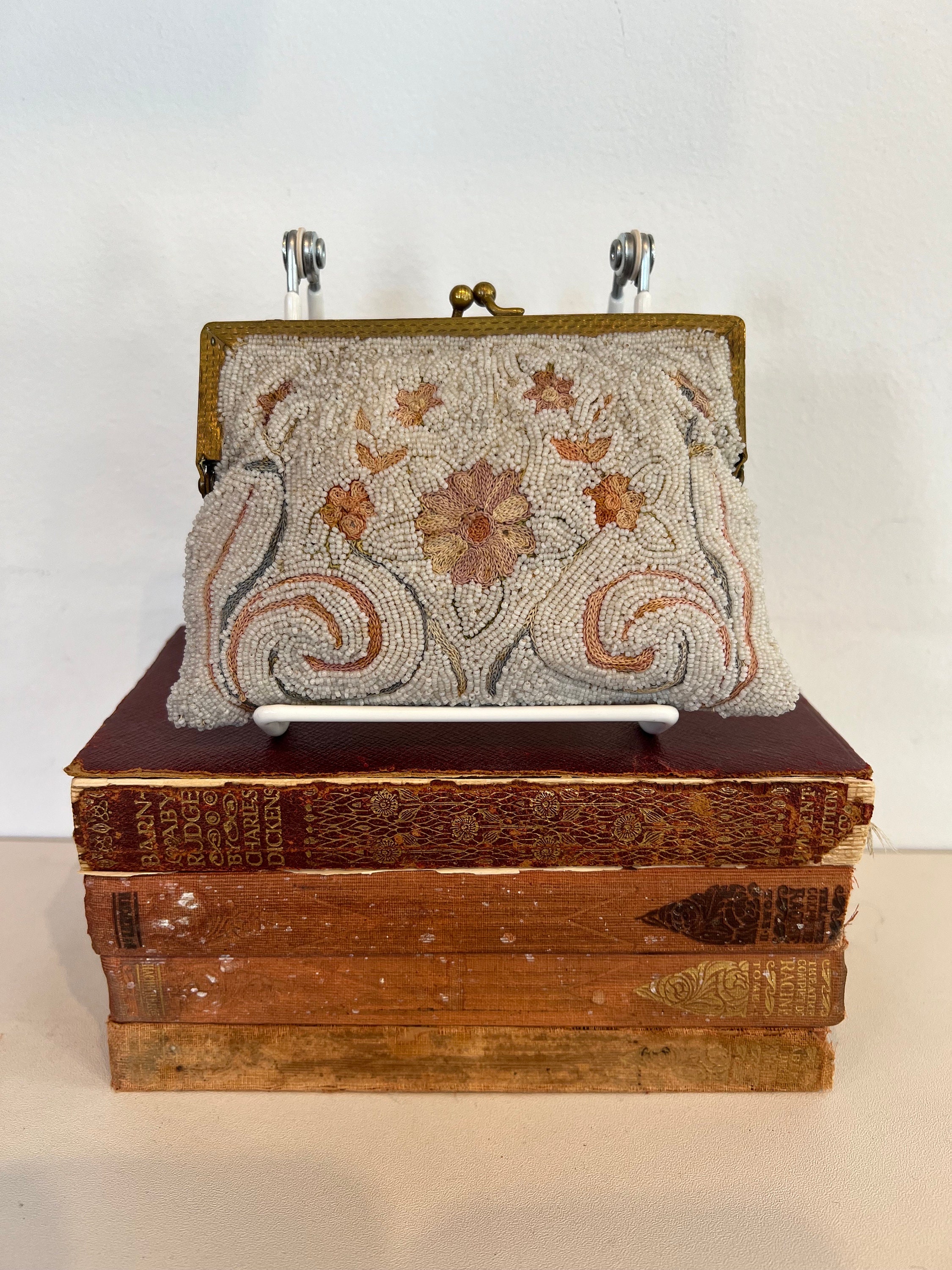 Vintage 1920s White Beads & Floral Embroidery Clutch Purse, 20s Micro ...