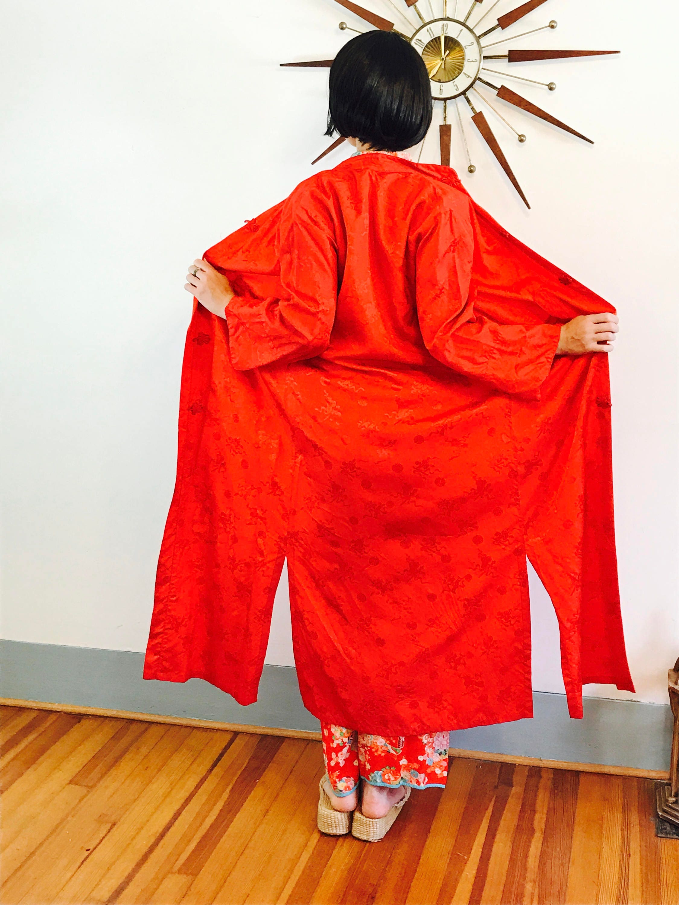 Red Chinese Robe, Vintage 20 robe, Cheongsam jacket, Long Chinese Robe ...