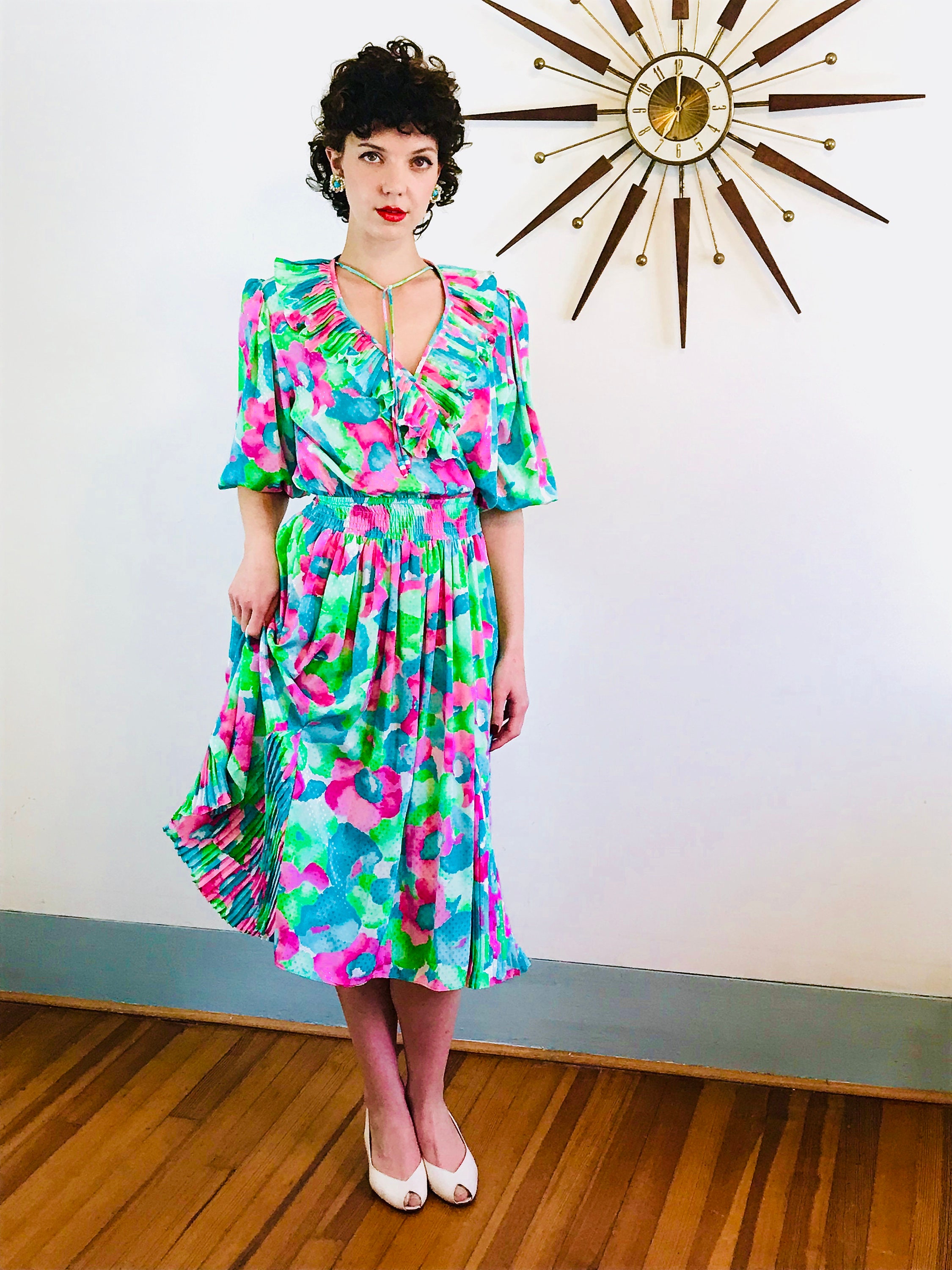 80s Floral Dress, DIANE FREIS dress, Vintage 1980s dress, Aqua Pink ...