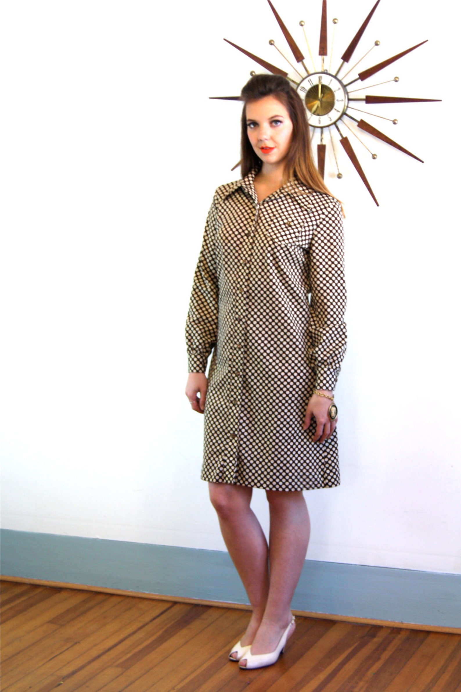 Vintage 60s Mod Mini Dress Brown & White Polka Dots Long - Etsy