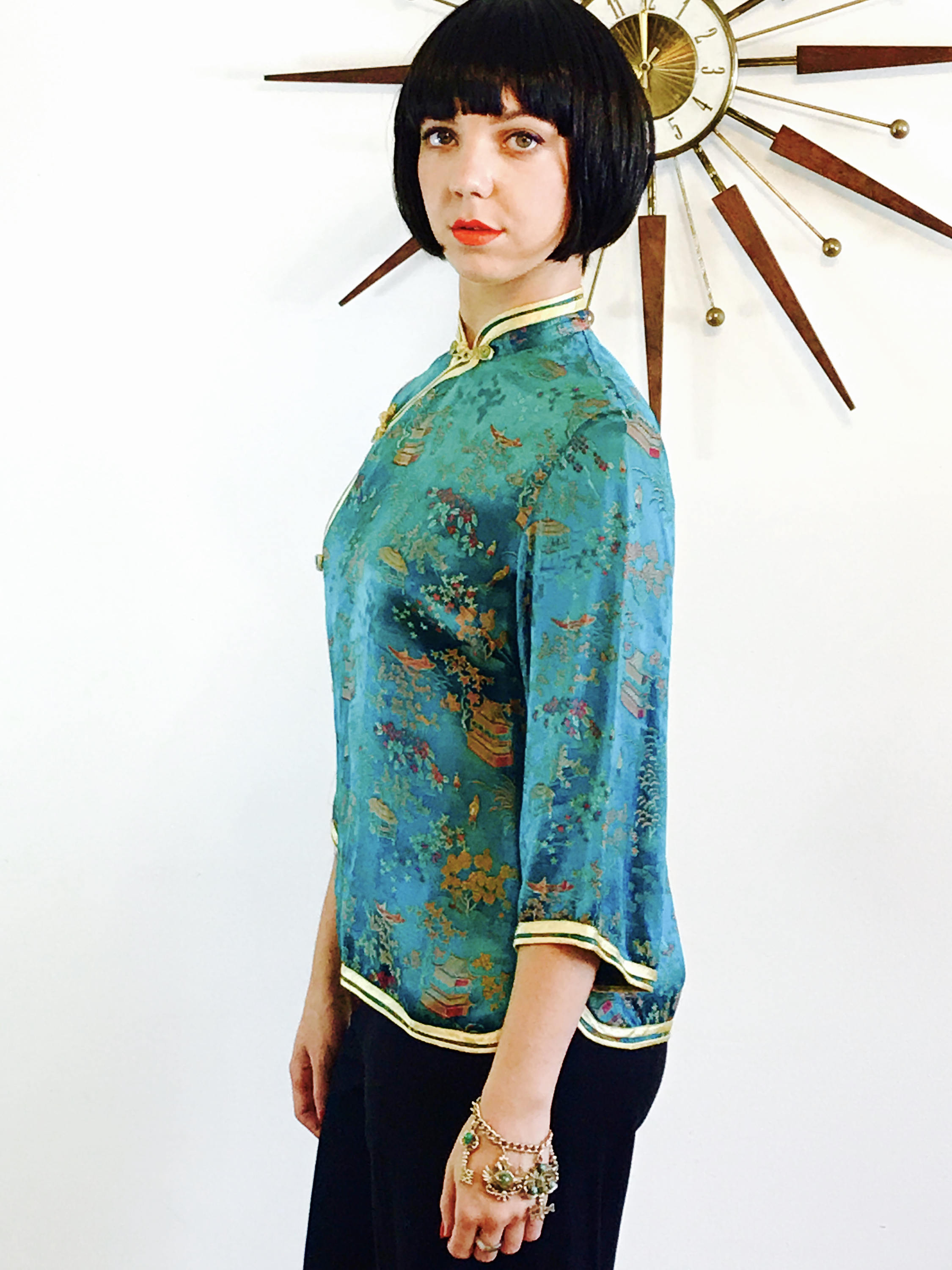 60s Chinese jacket Teal Satin jacket Vintage Peony Shanghai 1960s ...