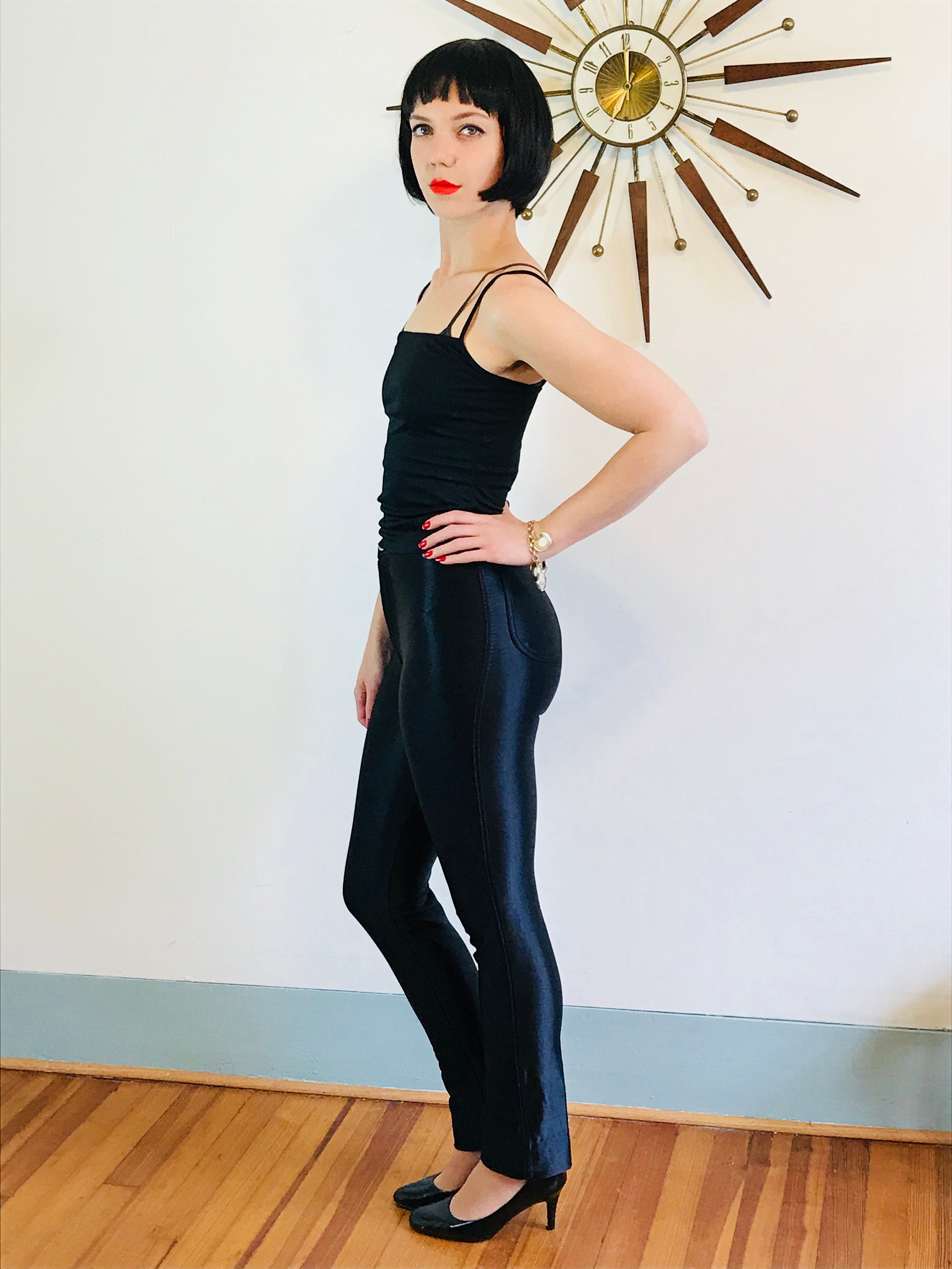 Vintage 70s Disco Pants Shiny Black Spandex Jeans Skin Tight Pant