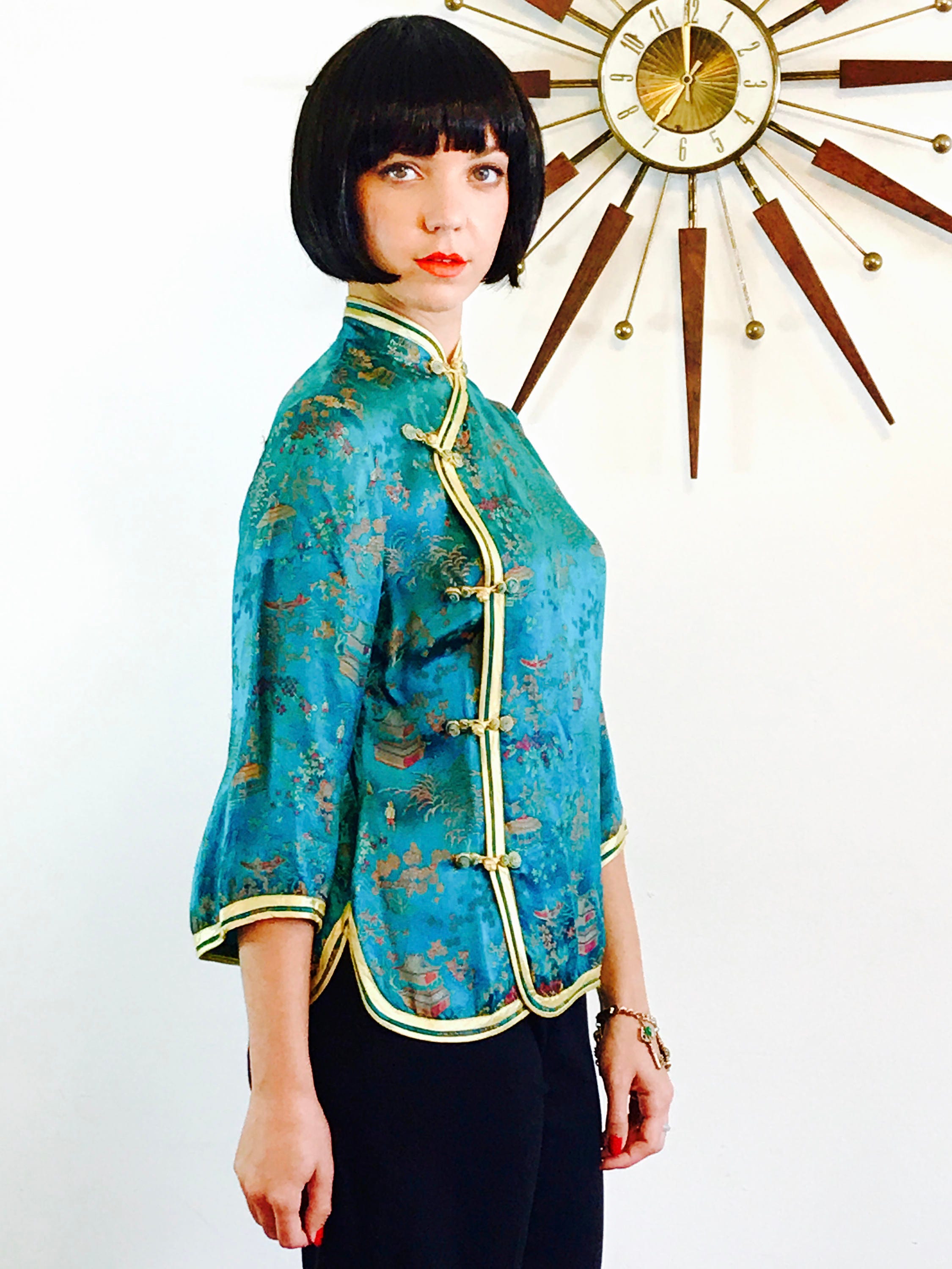 60s Chinese jacket Teal Satin jacket Vintage Peony Shanghai 1960s ...