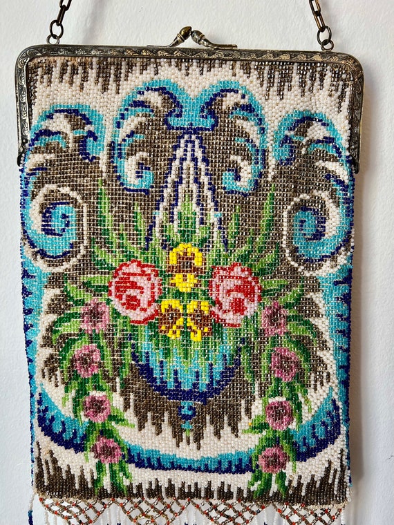 Antique 1800s Beaded Gilded Age Purse, Floral Silver … - Gem