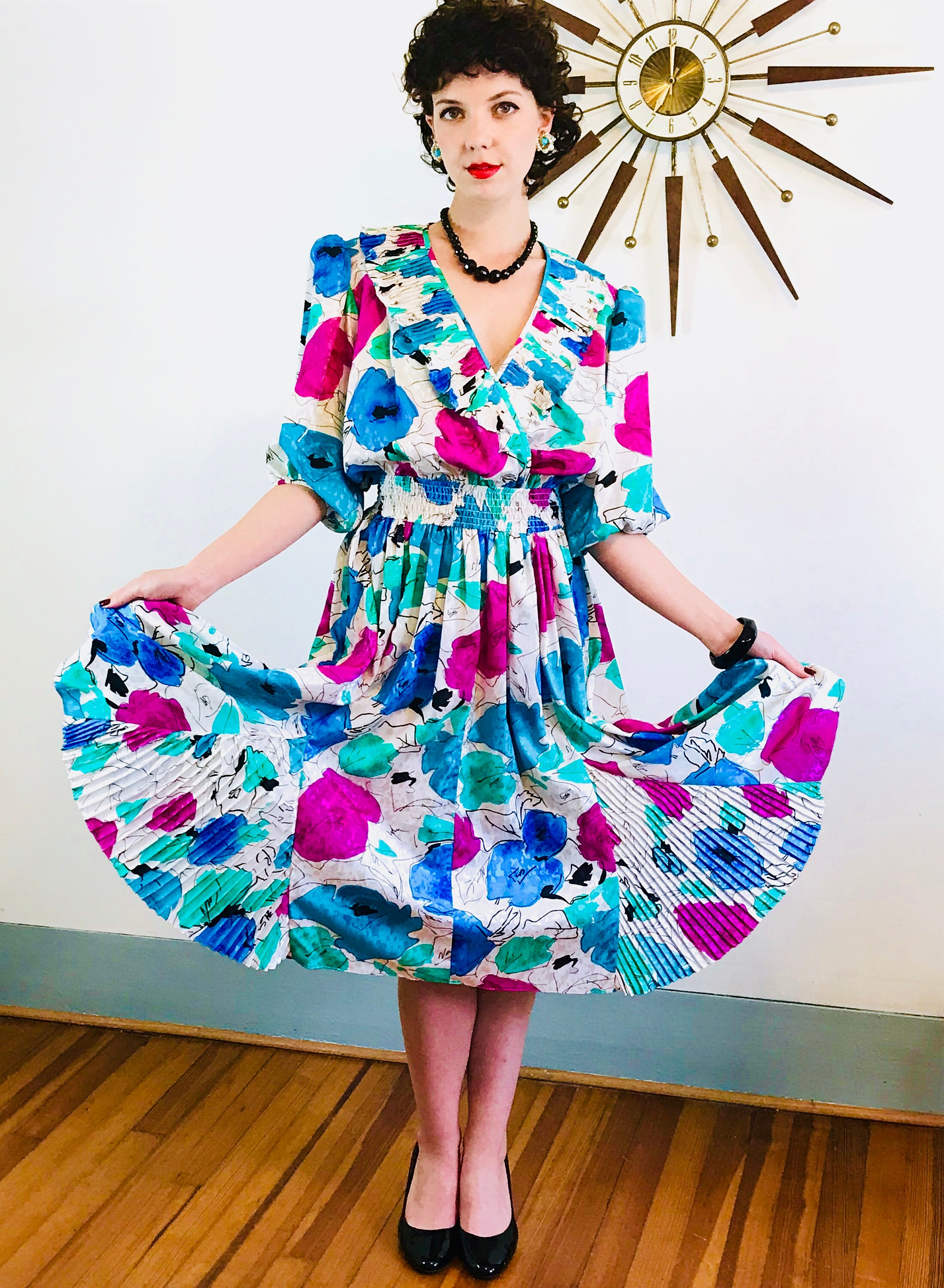 80s floral dress, DIANE FREIS Dress, White Teal Pink, Vintage 1980s ...