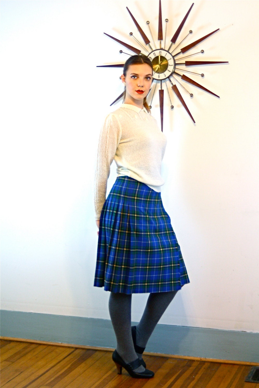 Vintage 60s Plaid Wool Wrap Skirt High Waisted Pleated Blue Green
