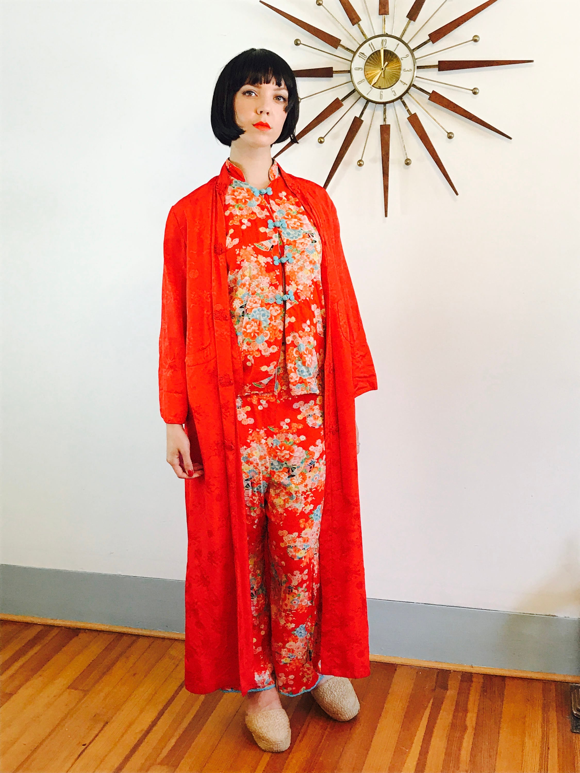 Red Chinese Robe, Vintage 20 robe, Cheongsam jacket, Long Chinese Robe ...
