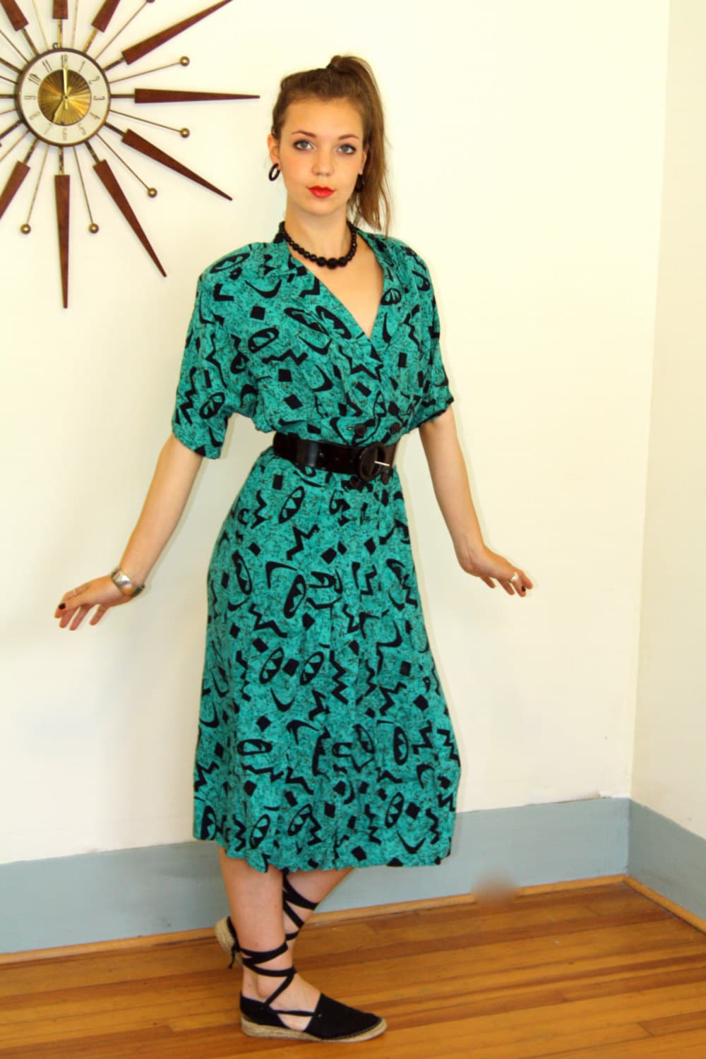 Vintage 80s Dress MILANZO Geometric Turquoise Green Black Atomic ...