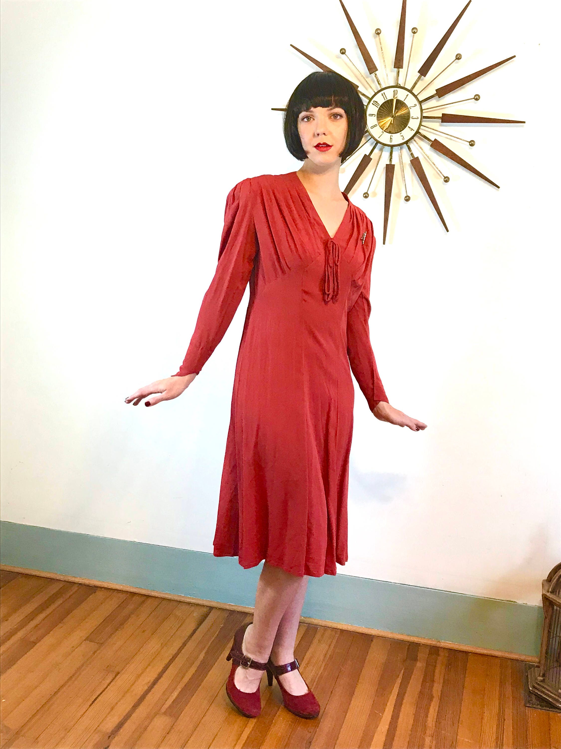 Vintage 40s dress, 1940s rayon dress, Pleated 40s dress, Exaggerated ...