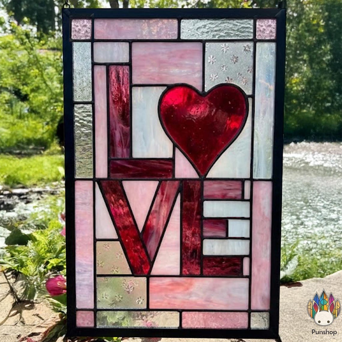 PUN799 LOVE Stained Glass Pattern Vertical, Heart Letter Suncatcher ...