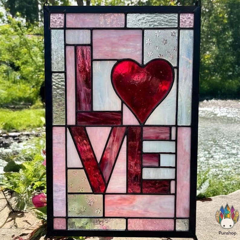 PUN799 LOVE Stained Glass Pattern Vertical, Heart Letter Suncatcher ...