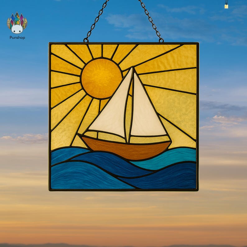 STAINED Glass PATTERN, Sailing Stained Glass Panel Sailboat on the Sea ...