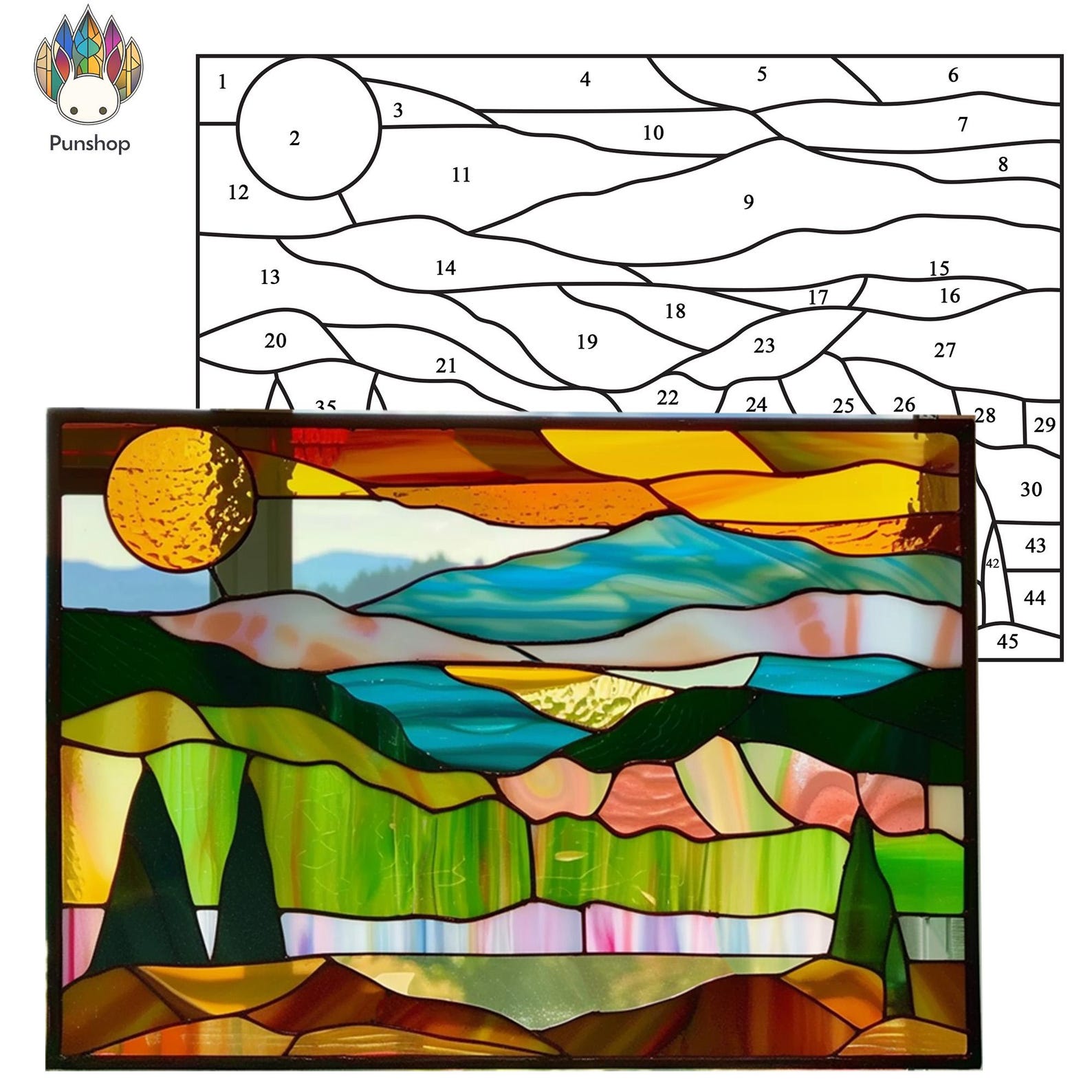 PUN593 Mountain Landscape Stained Glass Pattern, Sun and Nature Scene ...