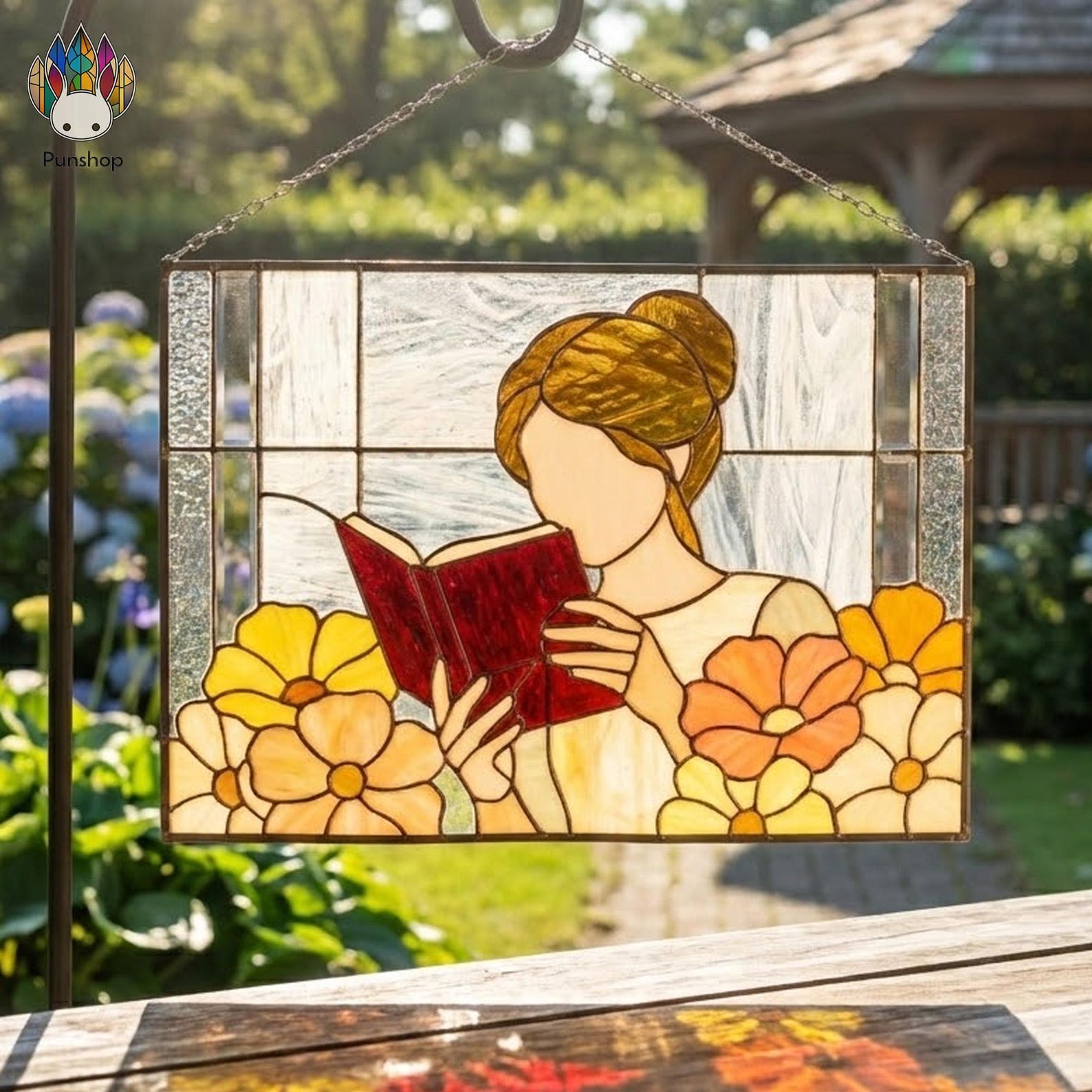 PUN818 Girl Reading Book Stained Glass Pattern, Floral Window Panel ...