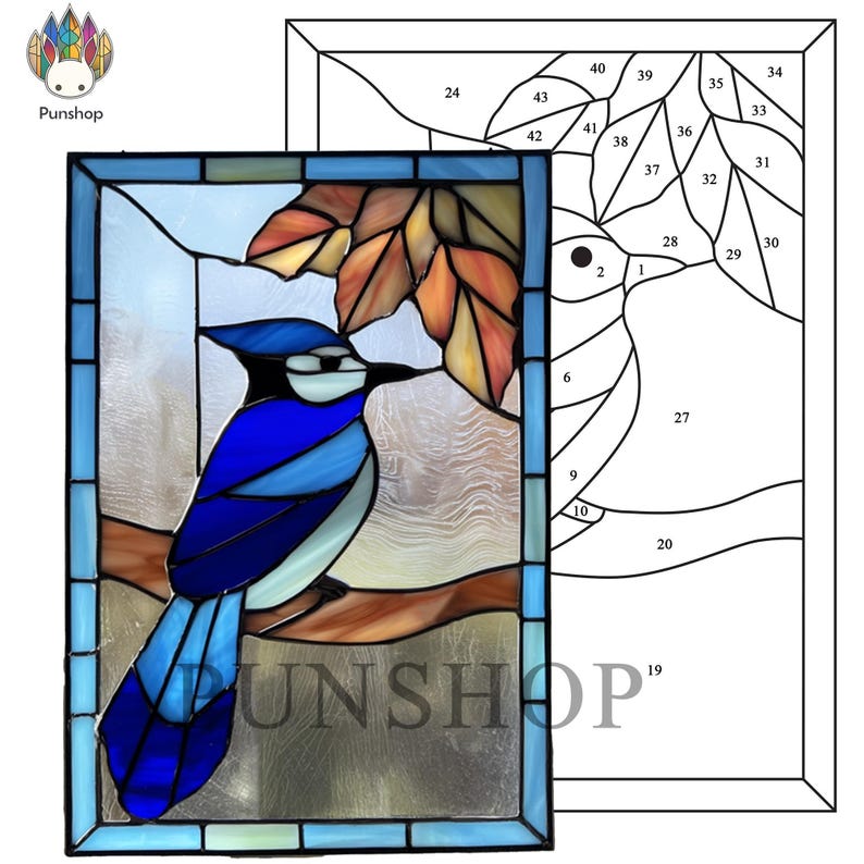 Pattern Blue Jay Stained Glass Pattern PDF – Bird With Autumn Leaves ...