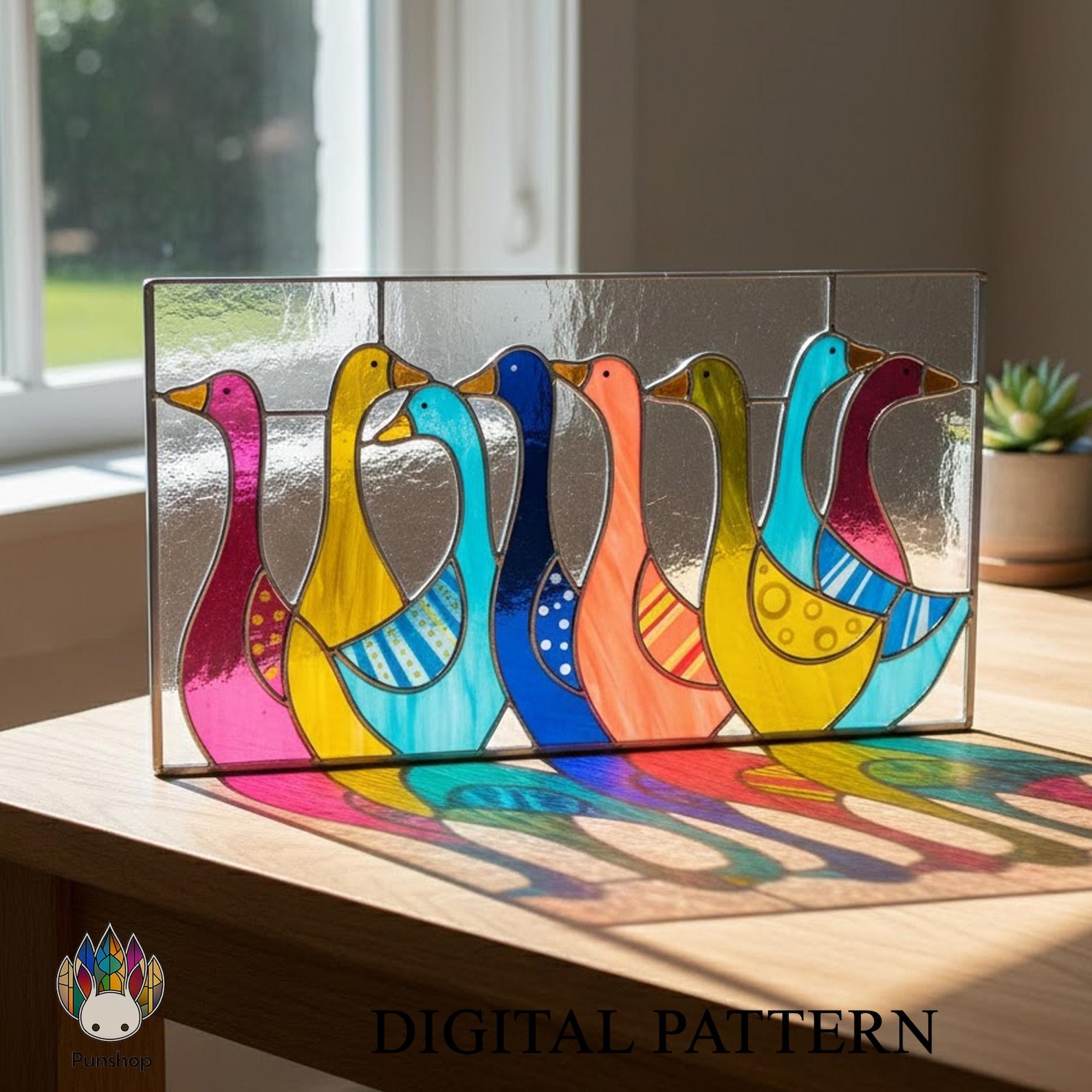PUN833 Colorful Geese Stained Glass Pattern, Modern Bird Panel Template ...