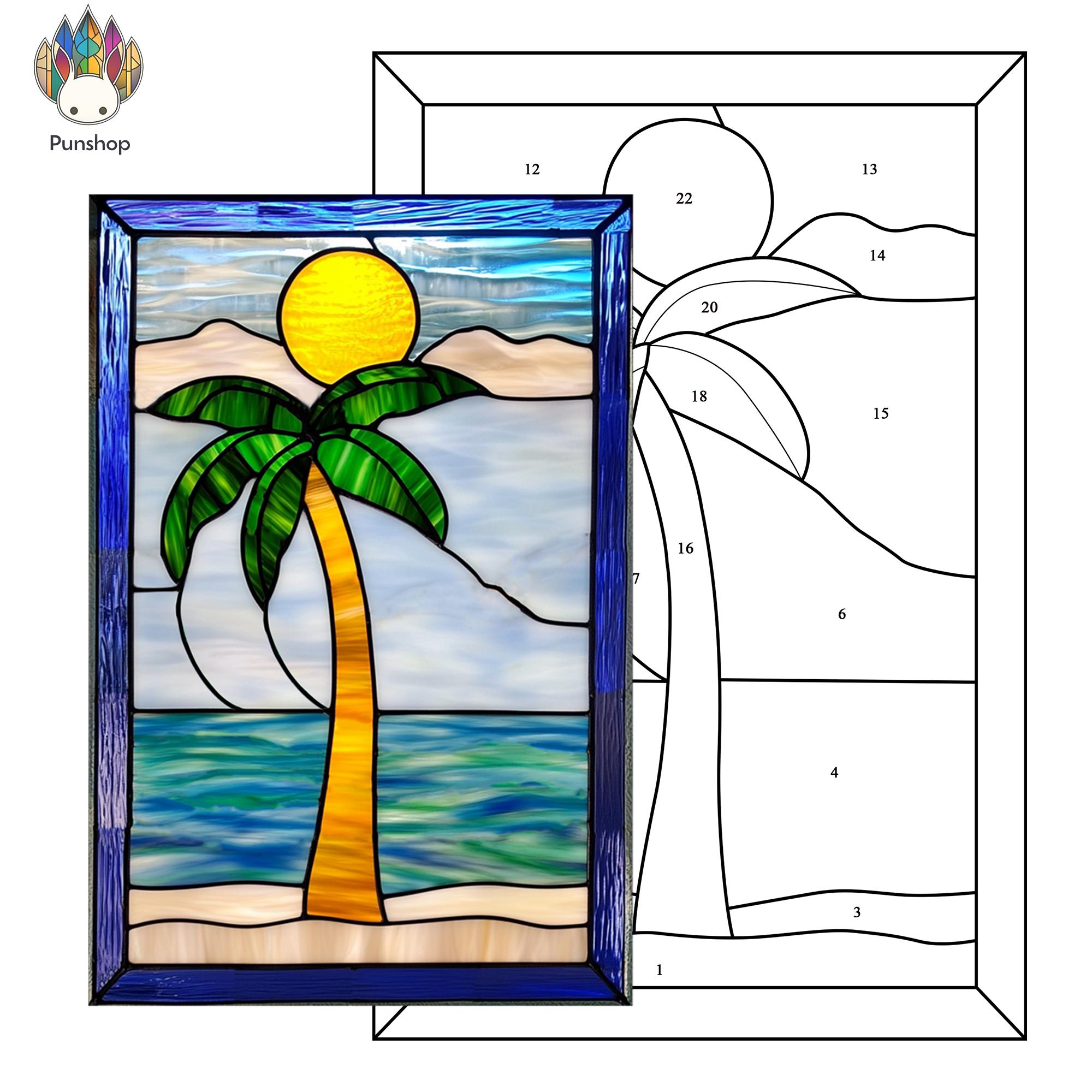 Digital Download Pattern Stained Glass Panel, Palm Tree, Sun , Stained ...