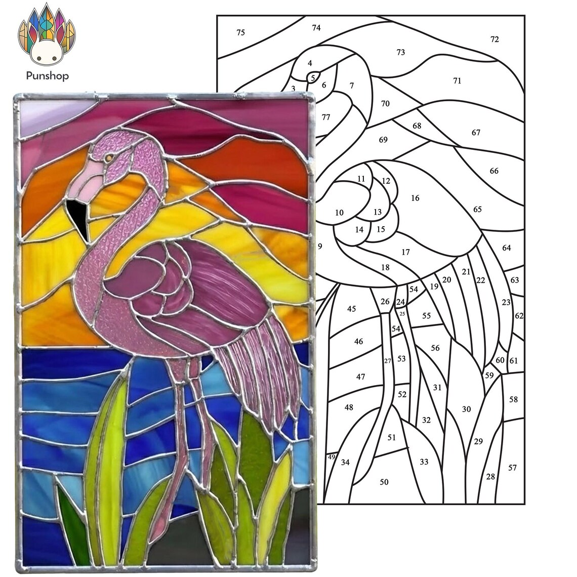 PUN727 DIY Stained Glass Flamingo Pattern, Tropical Sunset Bird Digital ...