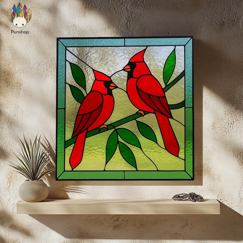 PUN699 Cardinal Birds Stained Glass Pattern – Two Red Birds Window ...