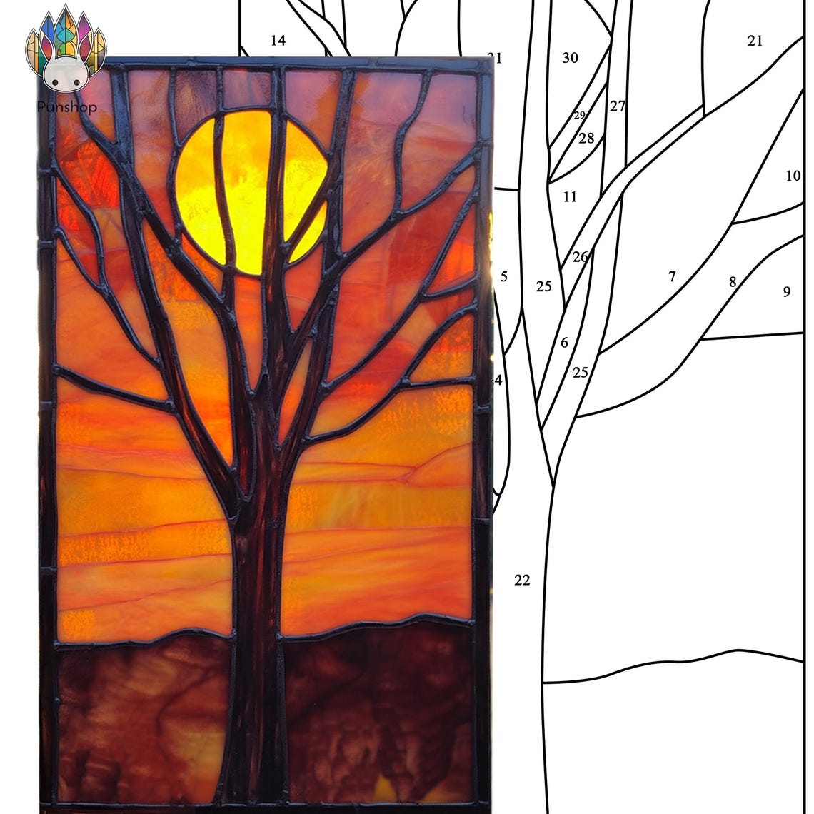 Digital Download Stained Glass Pattern Autumn Trees Against Orange Sky ...