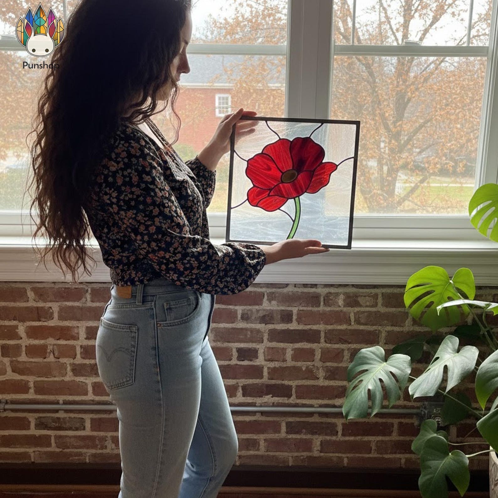PUN834 Red Poppy Stained Glass Pattern, Floral Window Panel Template ...