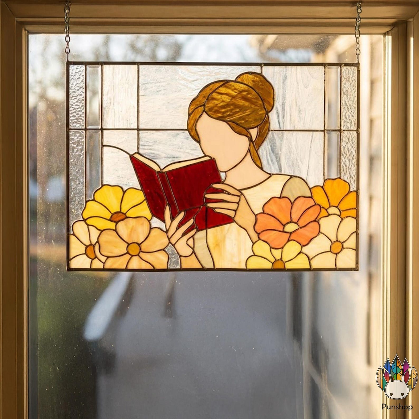 PUN818 Girl Reading Book Stained Glass Pattern, Floral Window Panel ...