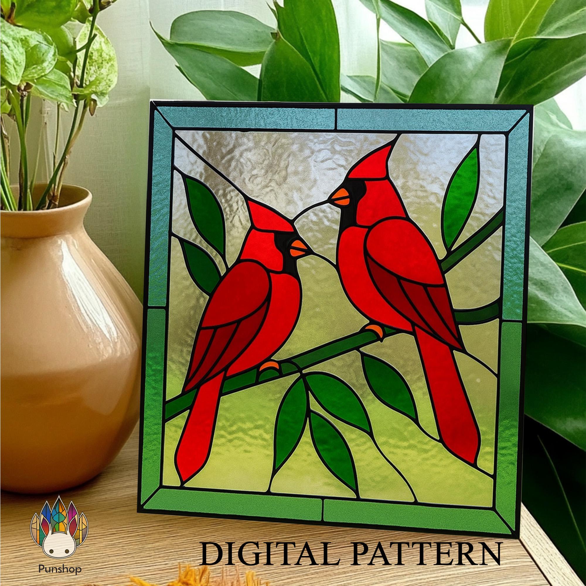 PUN699 Cardinal Birds Stained Glass Pattern – Two Red Birds Window ...