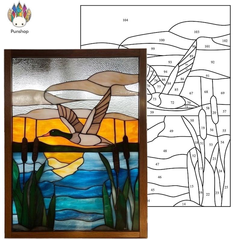 PUN704 Wild Duck Stained Glass Pattern, Flying Duck Lake Sunset Window ...