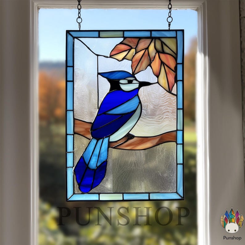 Pattern Blue Jay Stained Glass Pattern PDF – Bird With Autumn Leaves ...