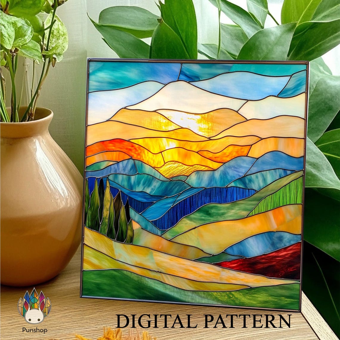 Digital Pattern Mountain Stained Glass Mountain Nature Stained Glass ...