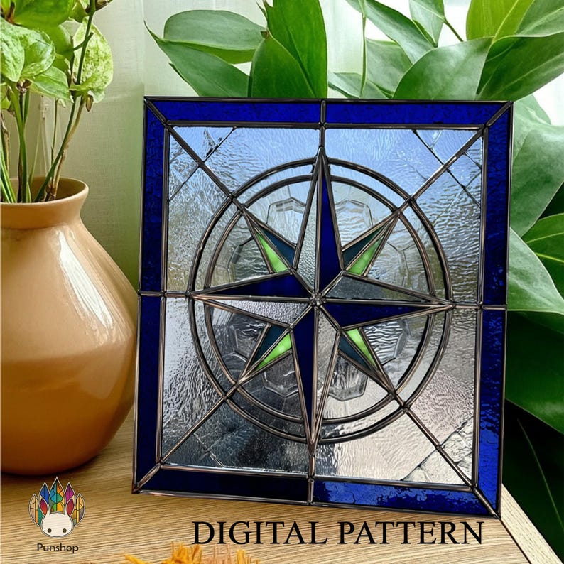PUN698 Blue Compass Rose Stained Glass Panel – Nautical Square Window ...