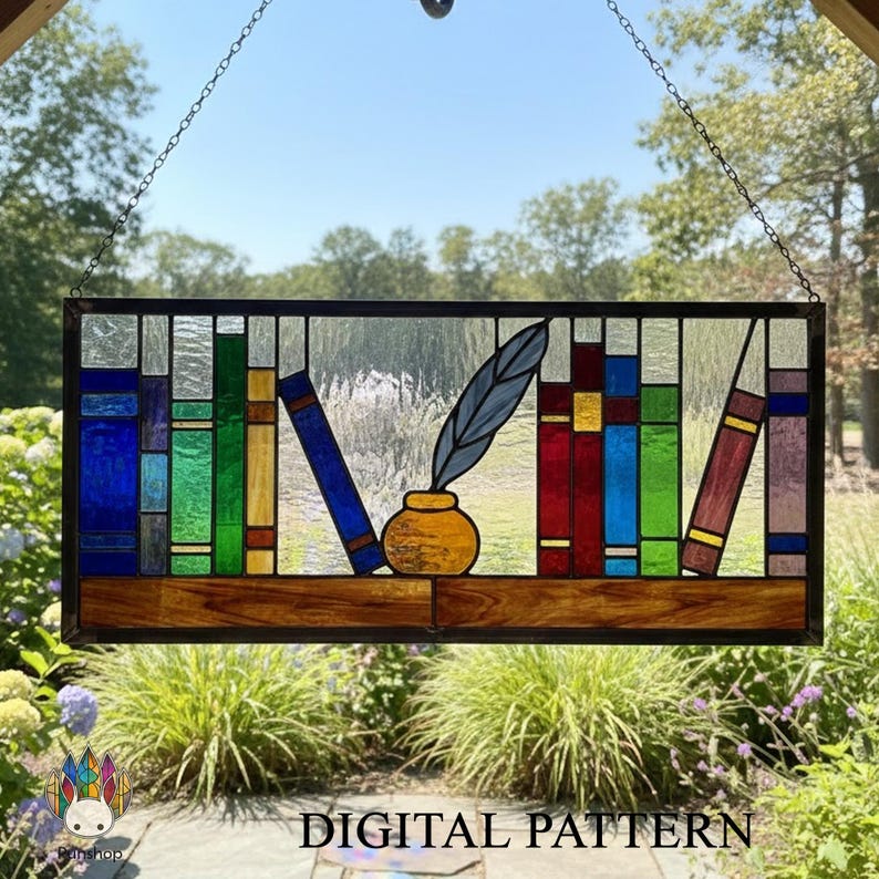 PUN863 Book Lover Stained Glass Pattern, Library Books Window Panel PDF ...