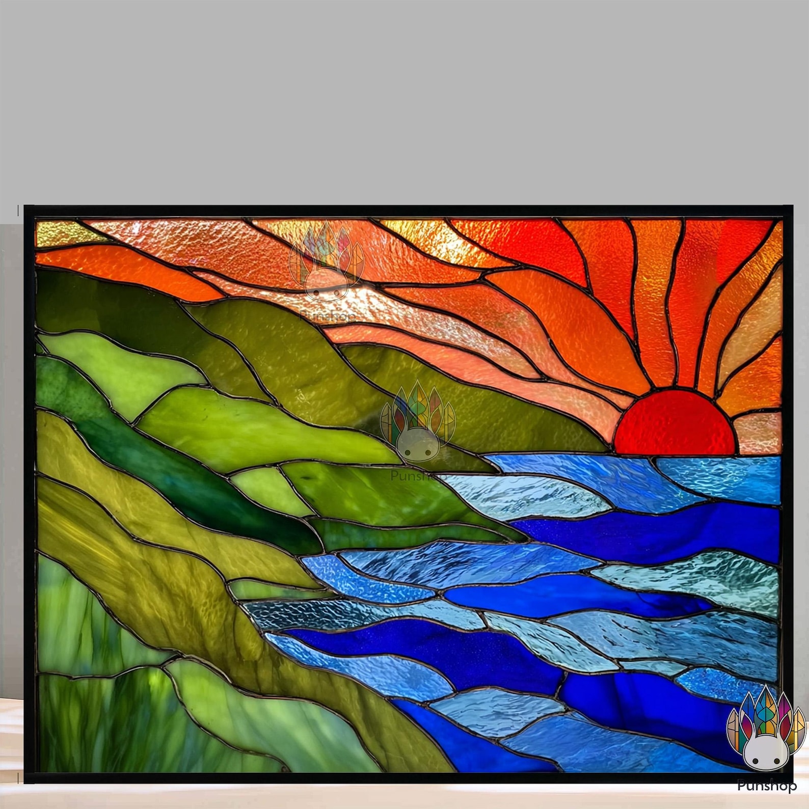 PUN789 Sunset Stained Glass Panel – Ocean Landscape Window Hanging ...