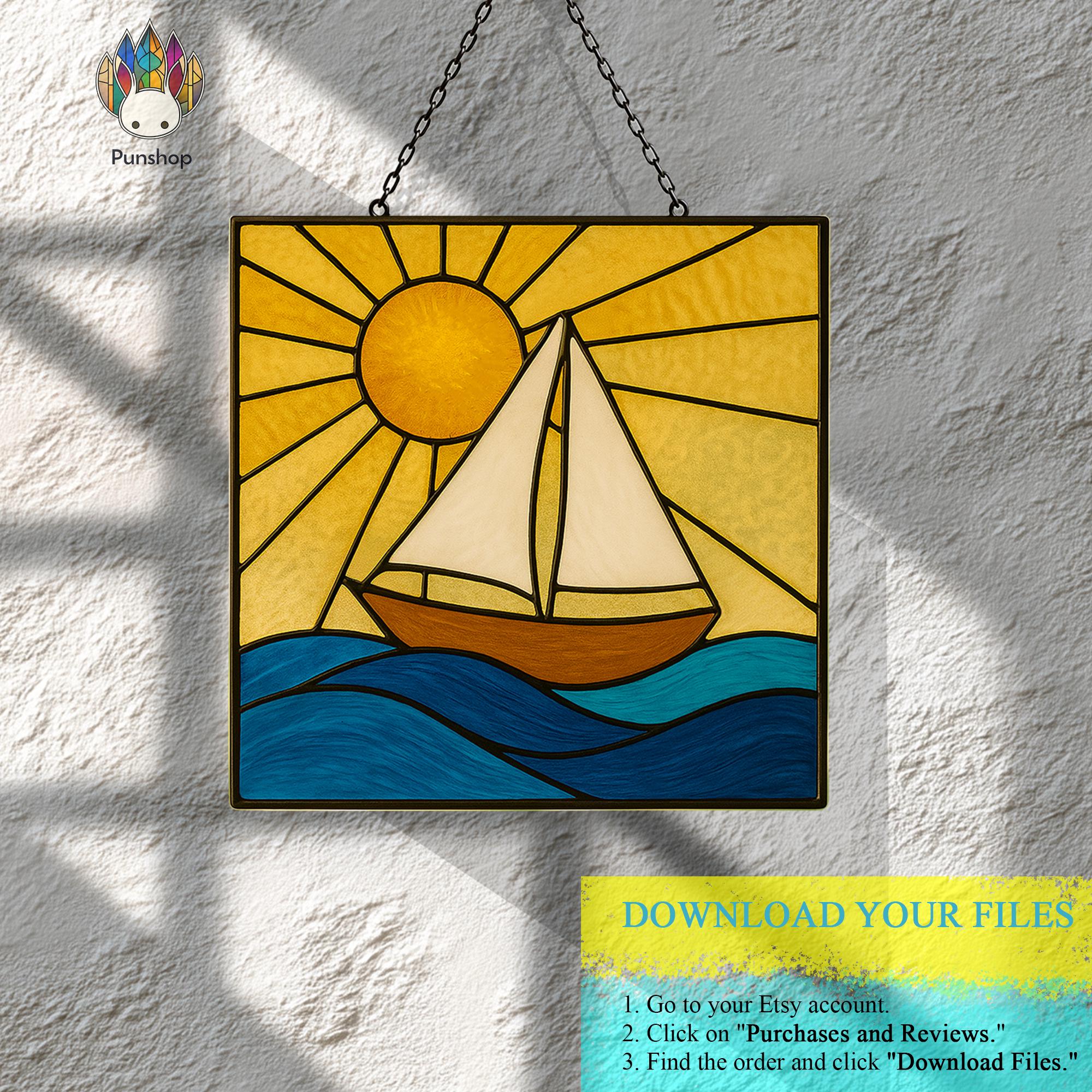 STAINED Glass PATTERN, Sailing Stained Glass Panel Sailboat on the Sea ...