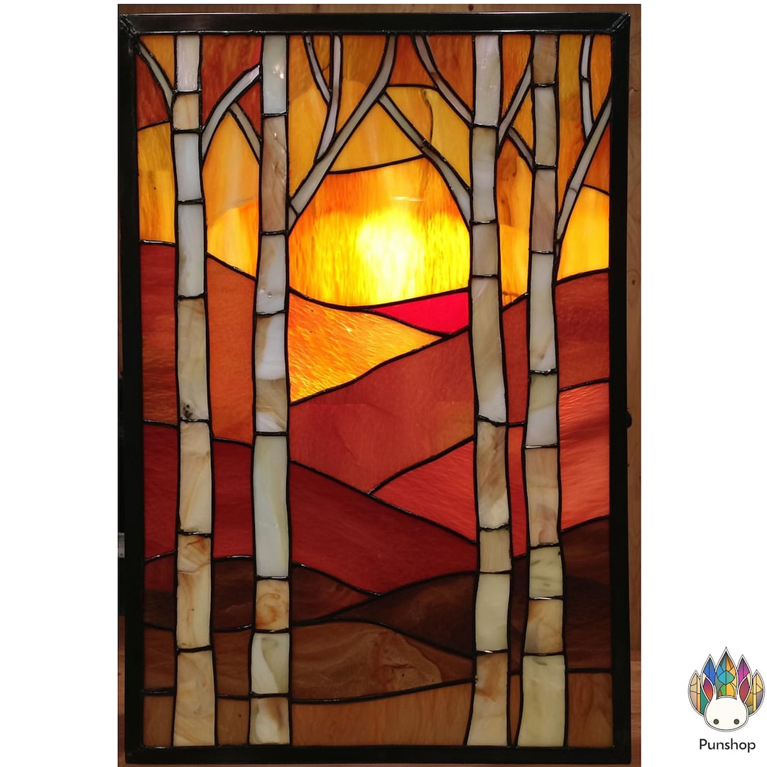 Digital Download PUN549 Stained Glass Autumn Landscape Panel Sunset ...