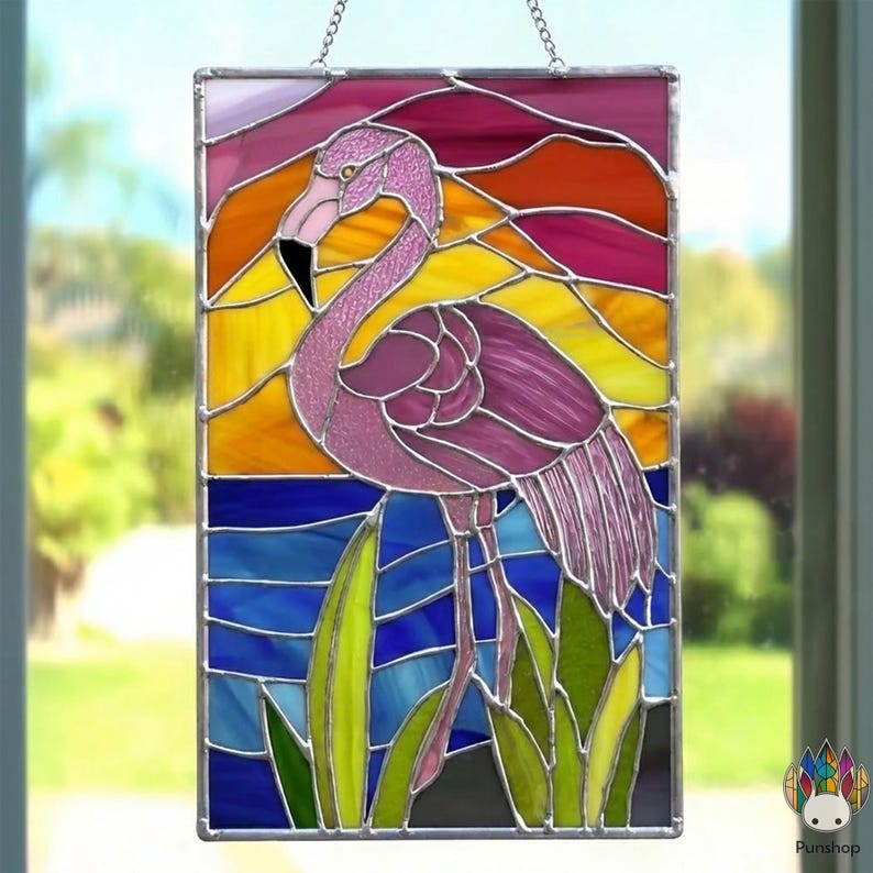 PUN727 DIY Stained Glass Flamingo Pattern, Tropical Sunset Bird Digital ...