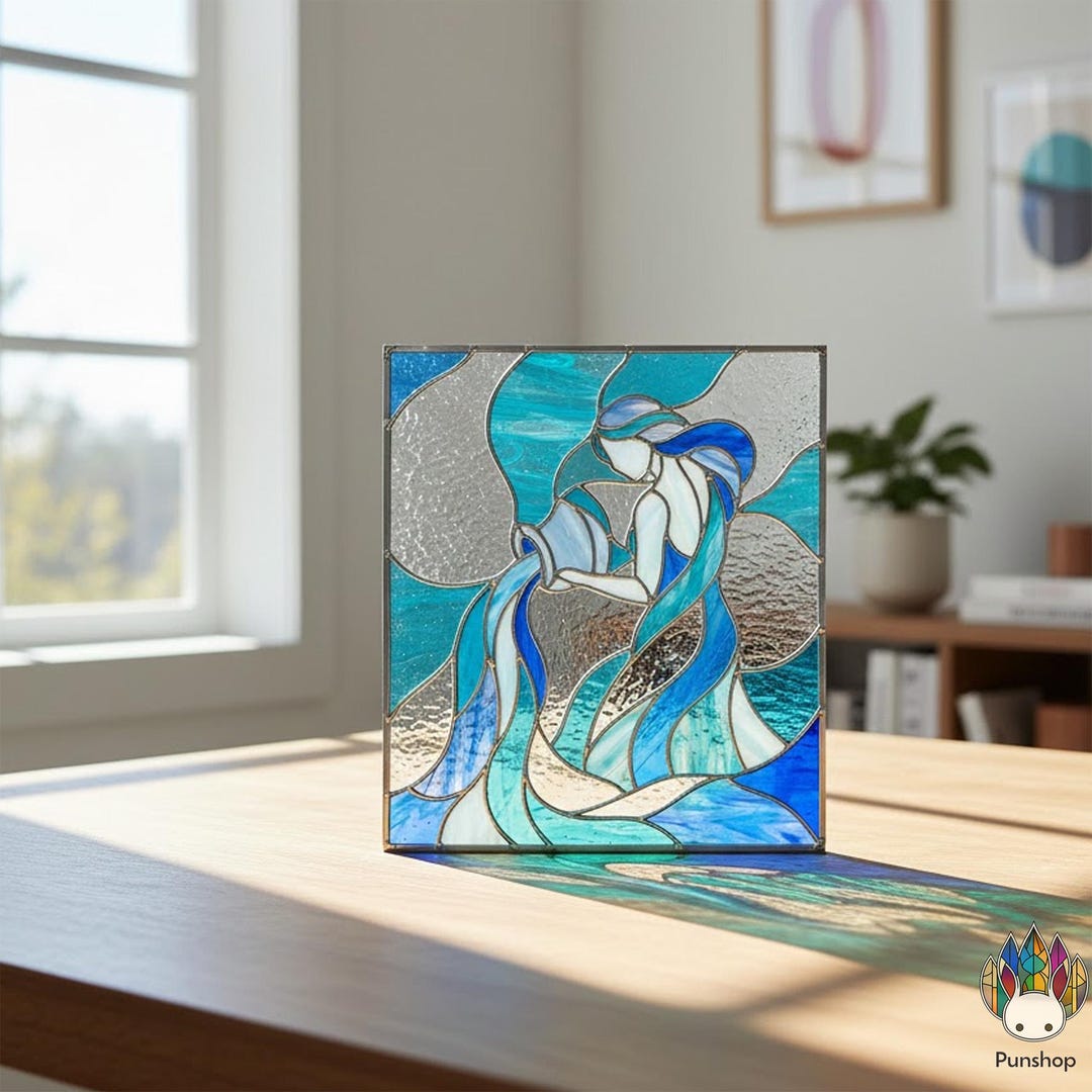 PUN816 Libra Zodiac Stained Glass Pattern, Art Nouveau Woman Blue ...