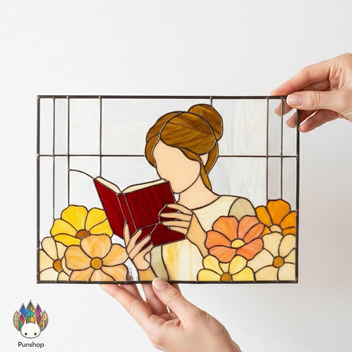 PUN818 Girl Reading Book Stained Glass Pattern, Floral Window Panel ...